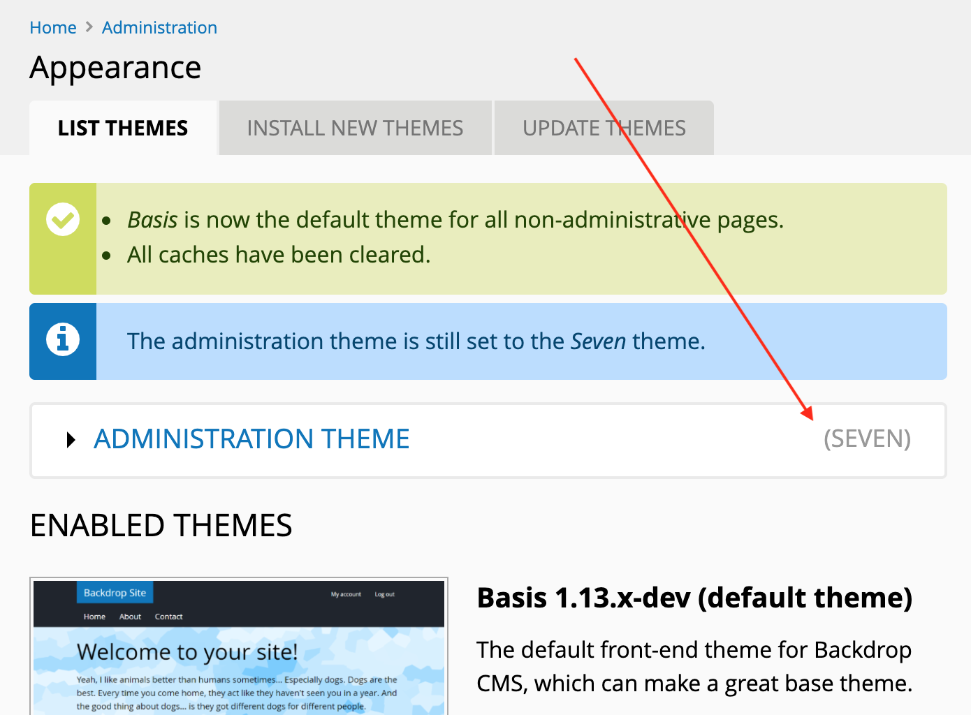 [UX] Better messages and clear caches when changing the default theme ...