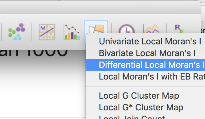 Differential Local Moran's I ESDA tool menu colored a grey & Clusters ...