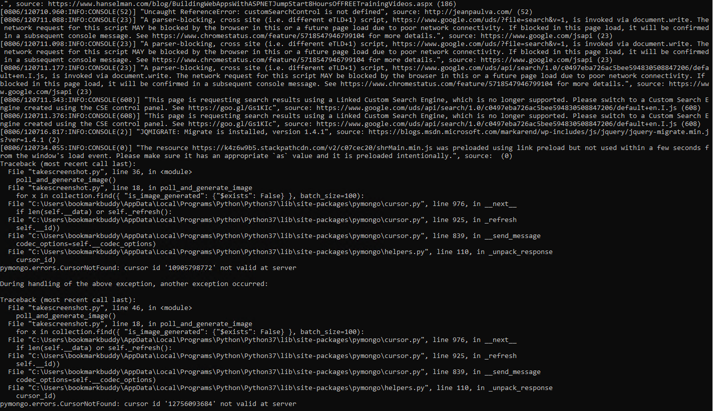 "pymongo.errors.CursorNotFound: cursor id '12487821143' not valid at server" error is thrown ...