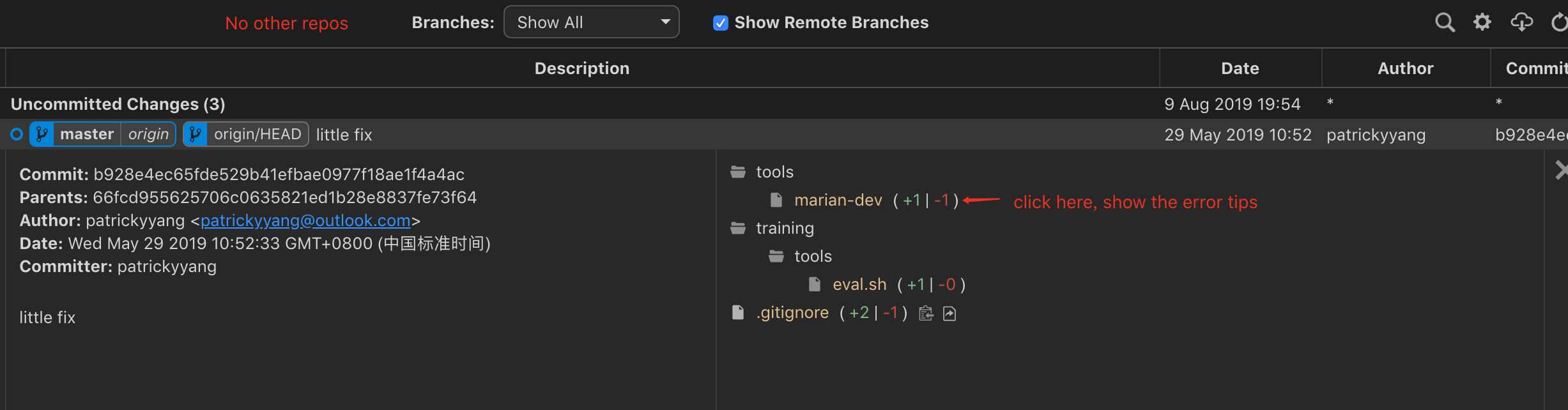 Switch repos to a subrepo by clicking on it in the Commit Details View ...