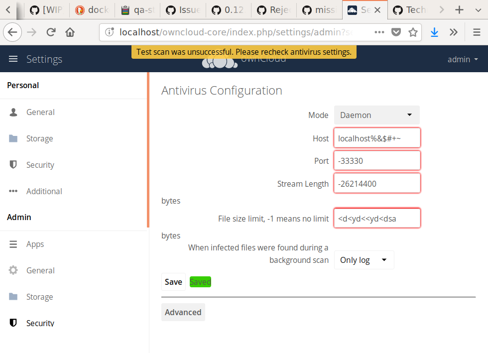 missing validation in input fields · Issue #178 · owncloud/files_antivirus · GitHub