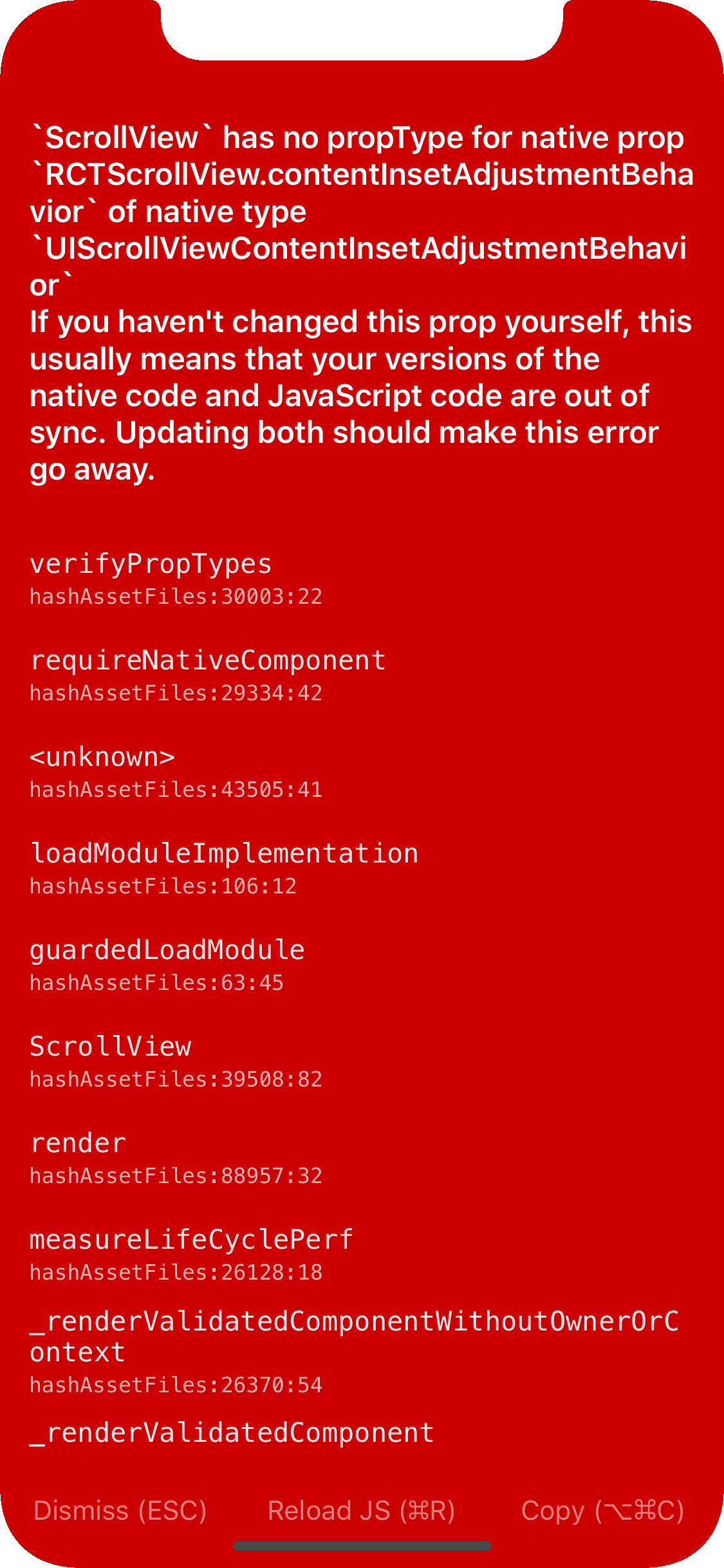 `ScrollView` has no propType for native prop `RCTScrollView.contentInsetAdjustmentBehavior` of ...