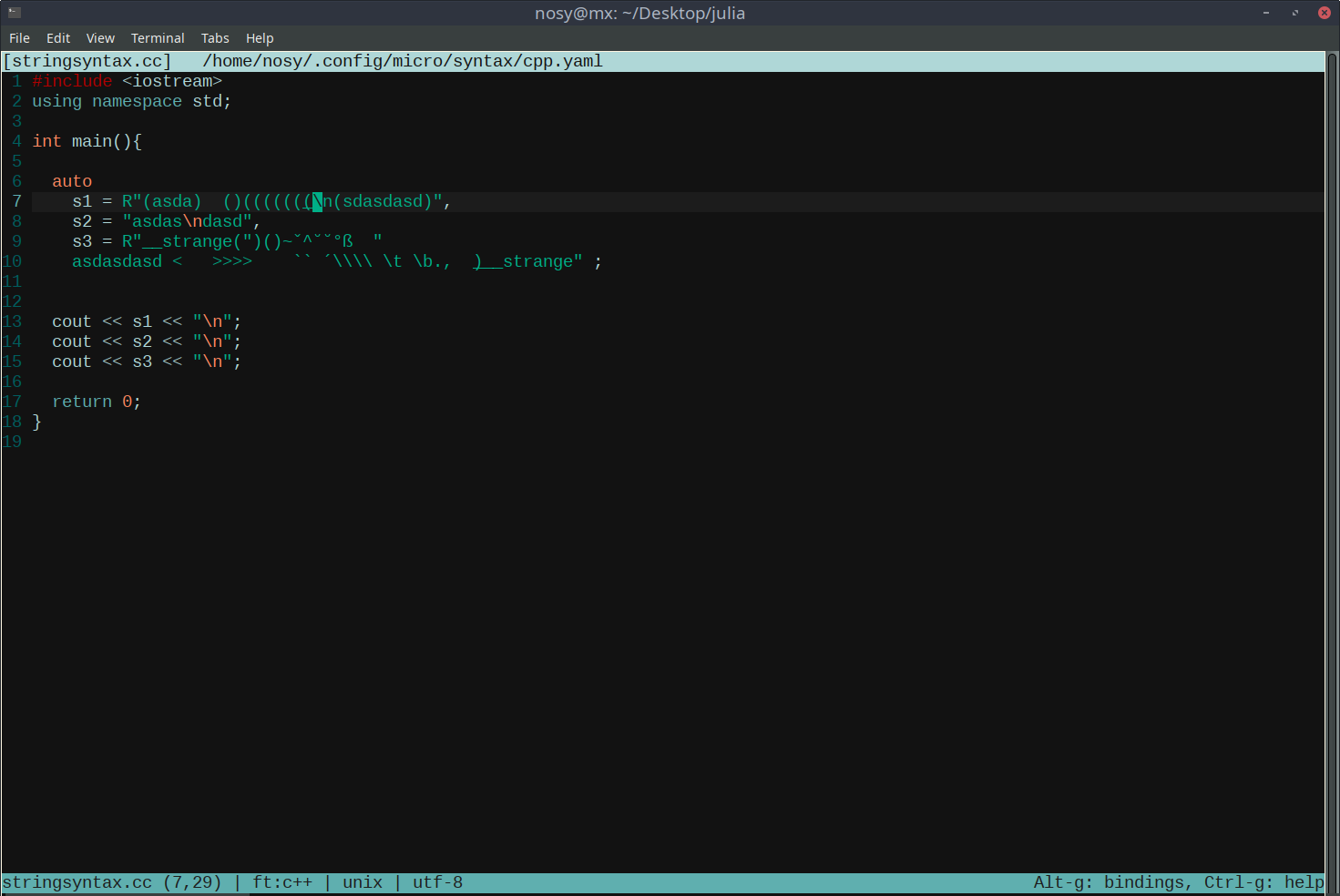 Problem in parsing raw string C++ · Issue #2064 · zyedidia/micro · GitHub