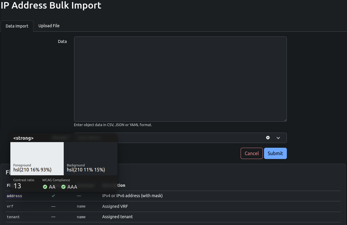 Regression in Import form Field Options color · Issue #13839 · netbox-community/netbox · GitHub