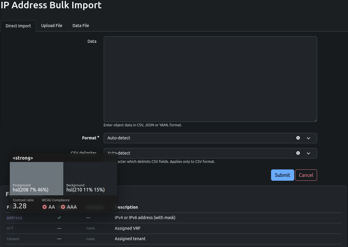 Regression in Import form Field Options color · Issue #13839 · netbox-community/netbox · GitHub