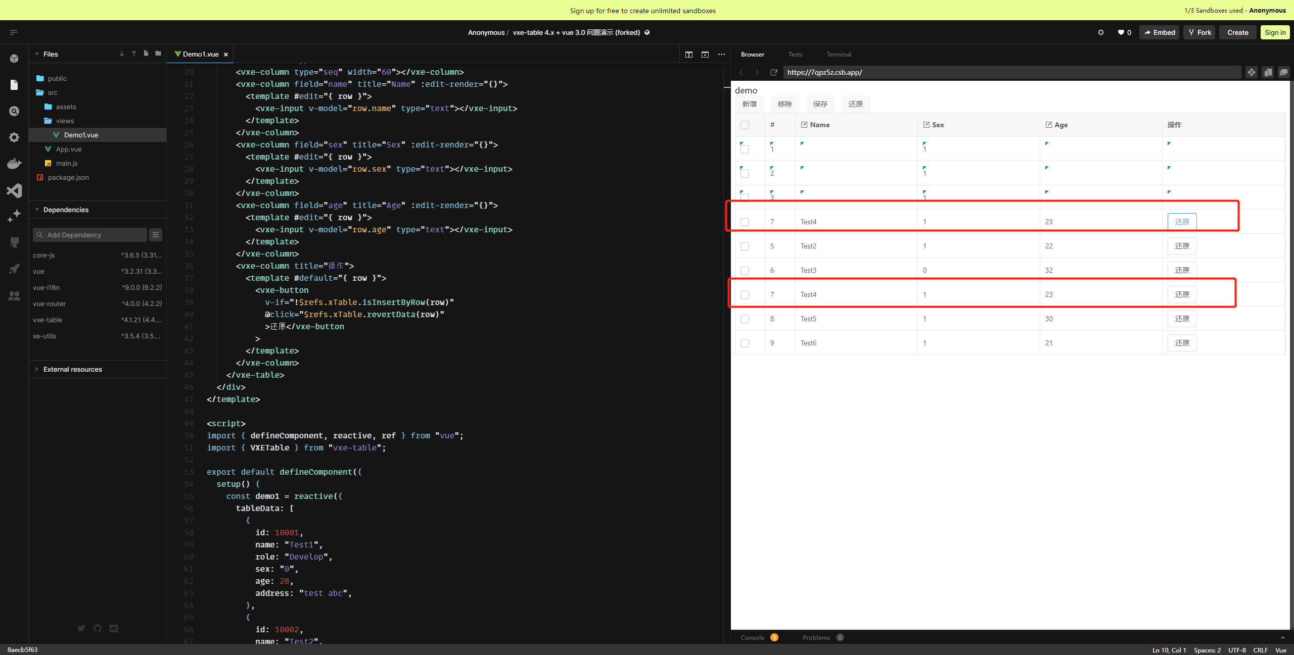 表格插入临时数据后，点击还原出错 · Issue #2101 · x-extends/vxe-table · GitHub