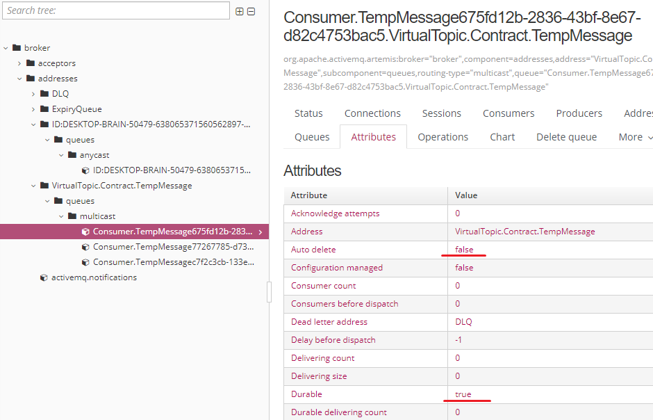Temporary addresses and queues in Artemis are always created as durable and don't get deleted ...