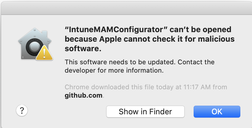 “IntuneMAMConfigurator” can’t be opened because Apple cannot check it for malicious software ...