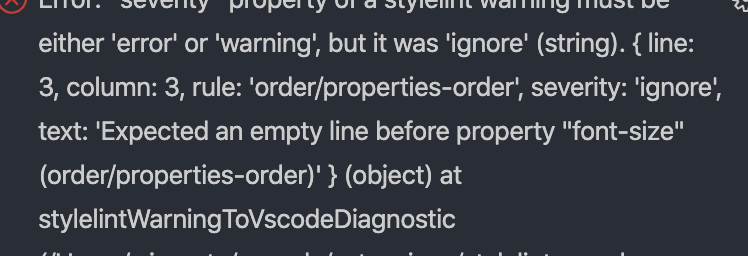 Error on Install: severity property of a stylelint warning must be either 'error' or 'warning ...