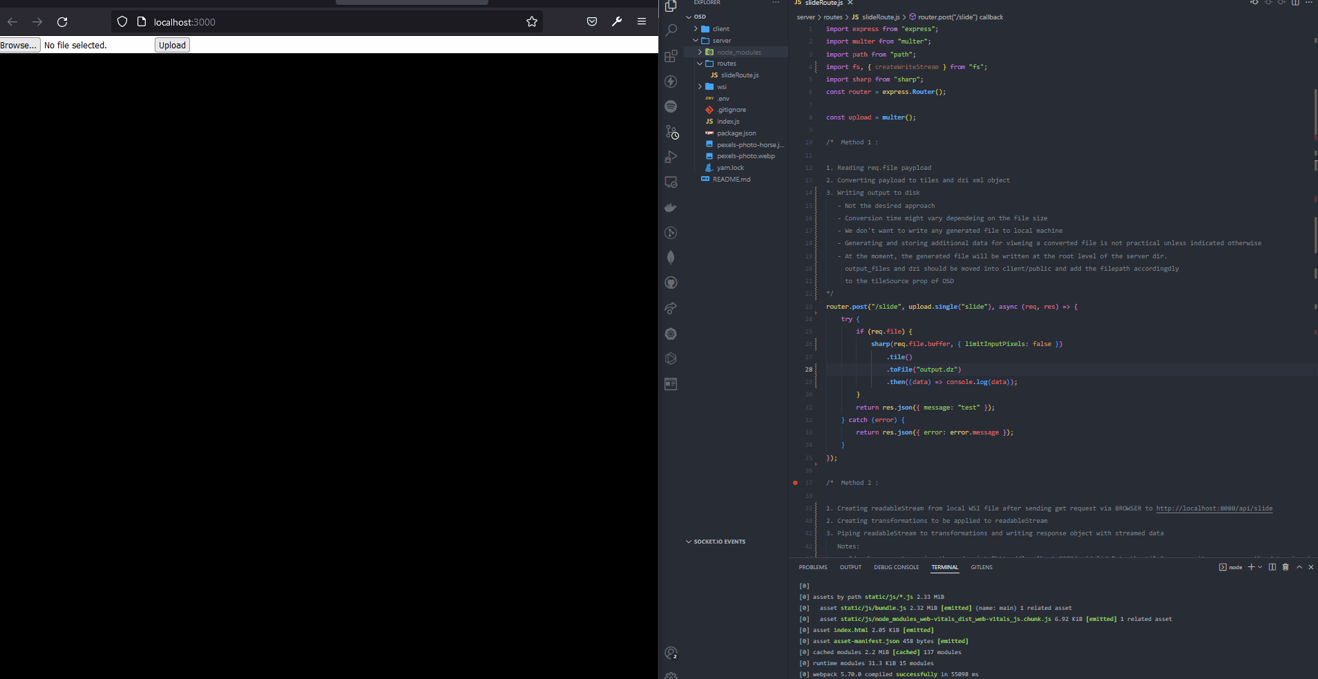 Sharpjs + Expressjs + Multerjs + Dynamic Streamed DZI and Tiles + OSD ...