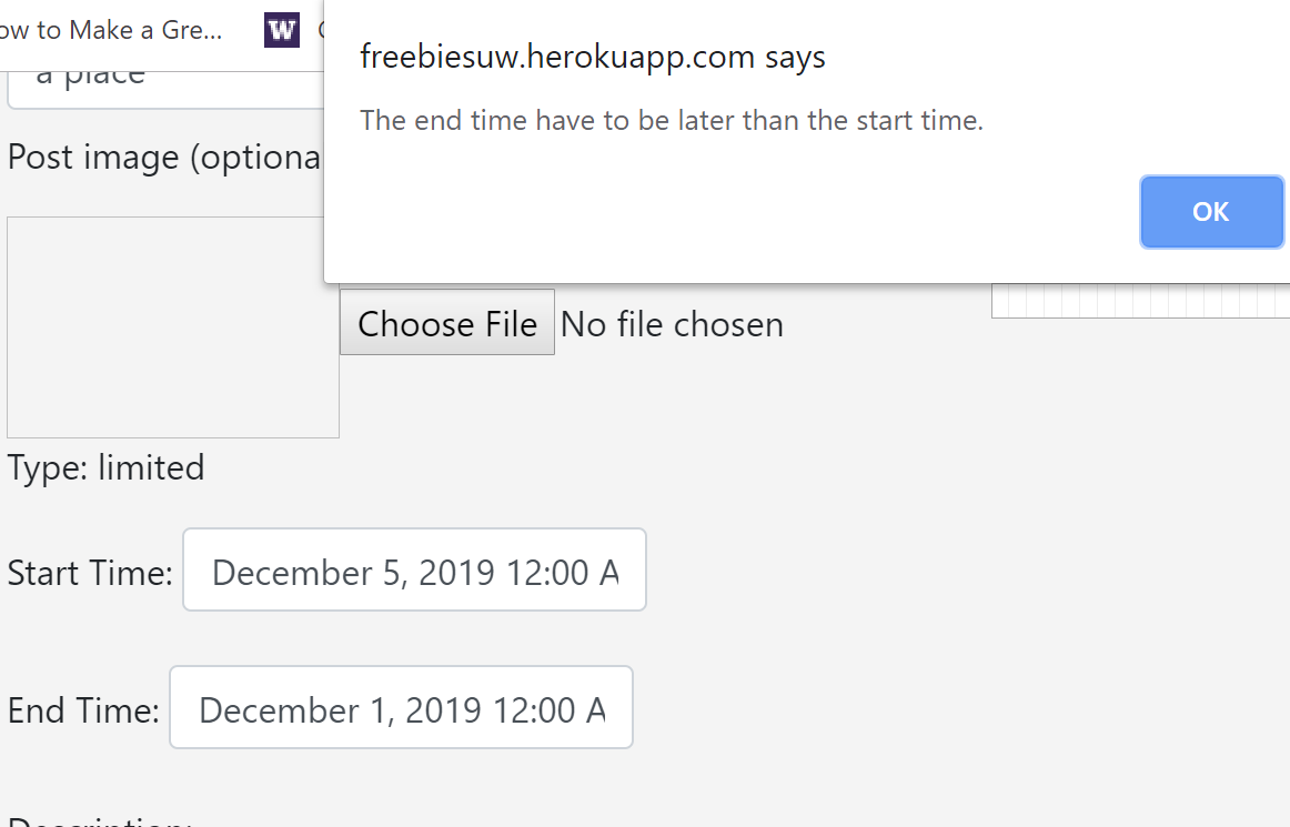 [minor] error says to fill all missing fields when start date is later than end date on creation ...