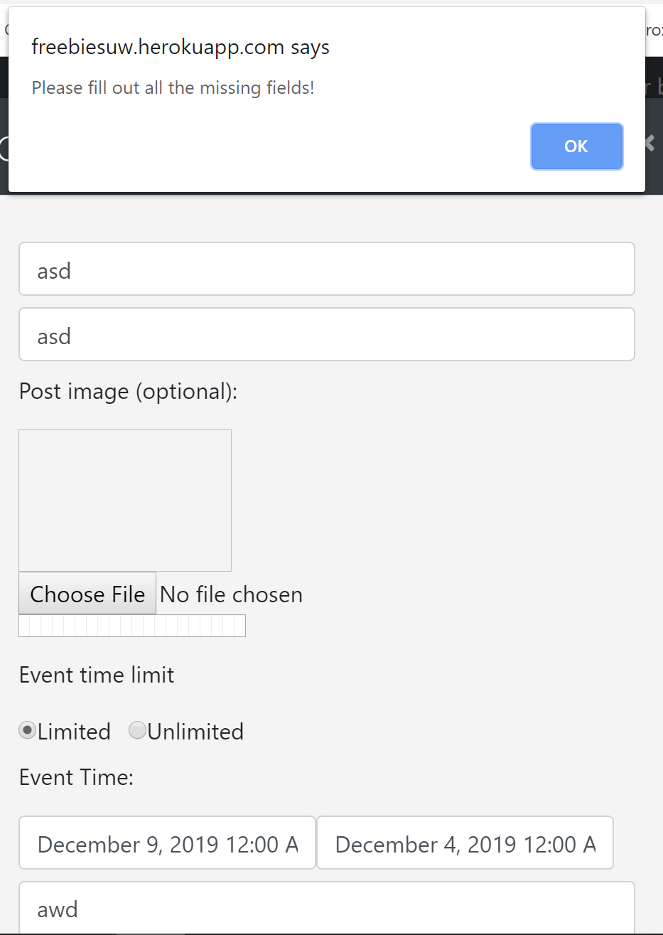 [minor] error says to fill all missing fields when start date is later than end date on creation ...