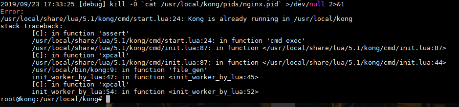 /usr/local/share/lua/5.1/kong/cmd/start.lua:24: Kong is already running in /usr/local/kong ...
