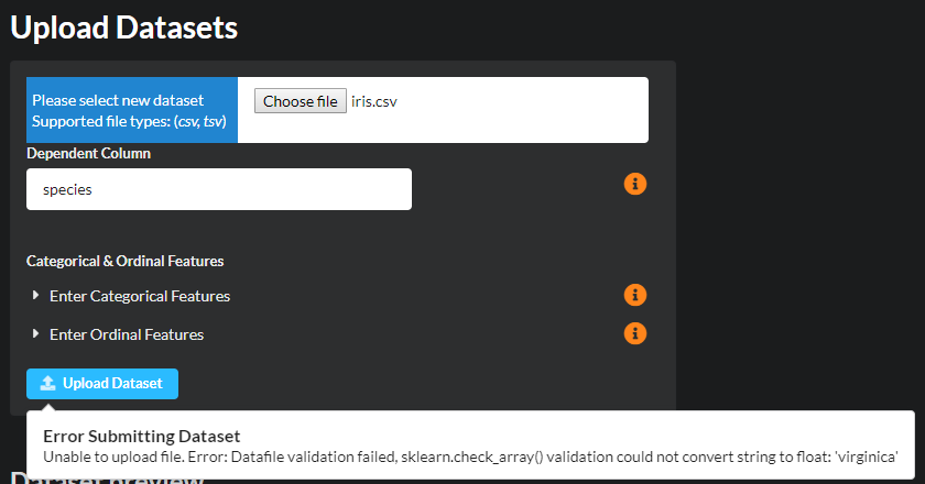 Error uploading Iris dataset · Issue #208 · EpistasisLab/Aliro · GitHub