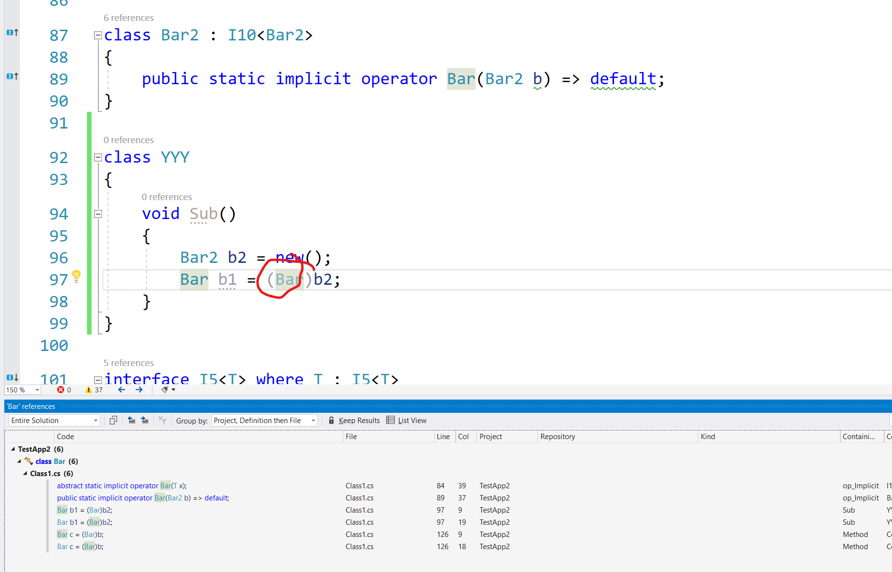 "Find All References" doesn't work on explicit implementation of conversion operator. · Issue ...