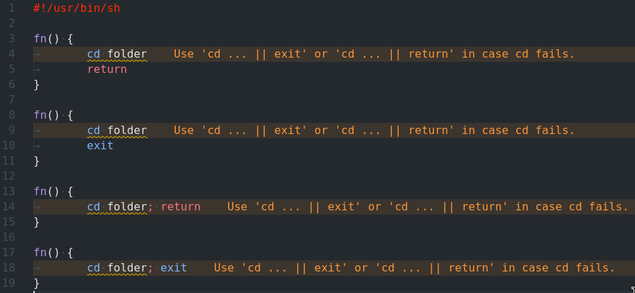 SC2164 'in case cd fails' false positive for immediate return/exit statements after the `cd ...