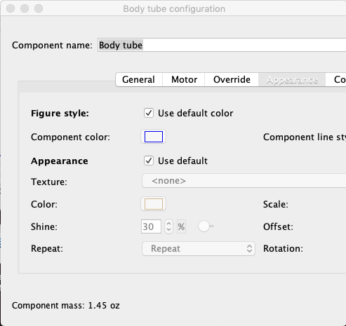 "Shine" parameter misbehavior when unchecking "Use default" appearance · Issue #651 · openrocket ...