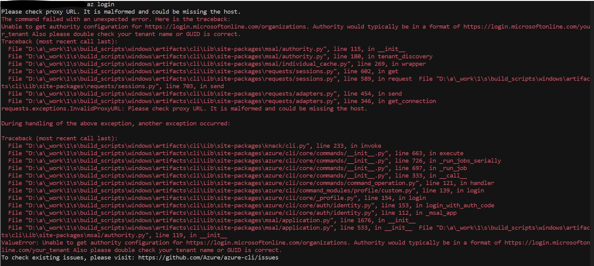 az login errors: ValueError: Unable to get authority configuration for https//login ...