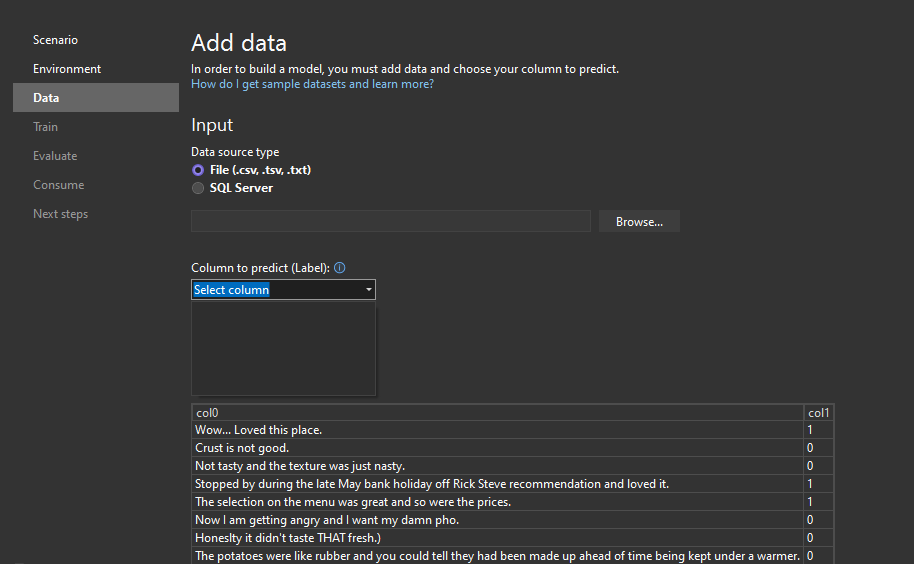 Column to predict dropdown is empty. Cannot select any column. Rest of page matches walkthrough ...