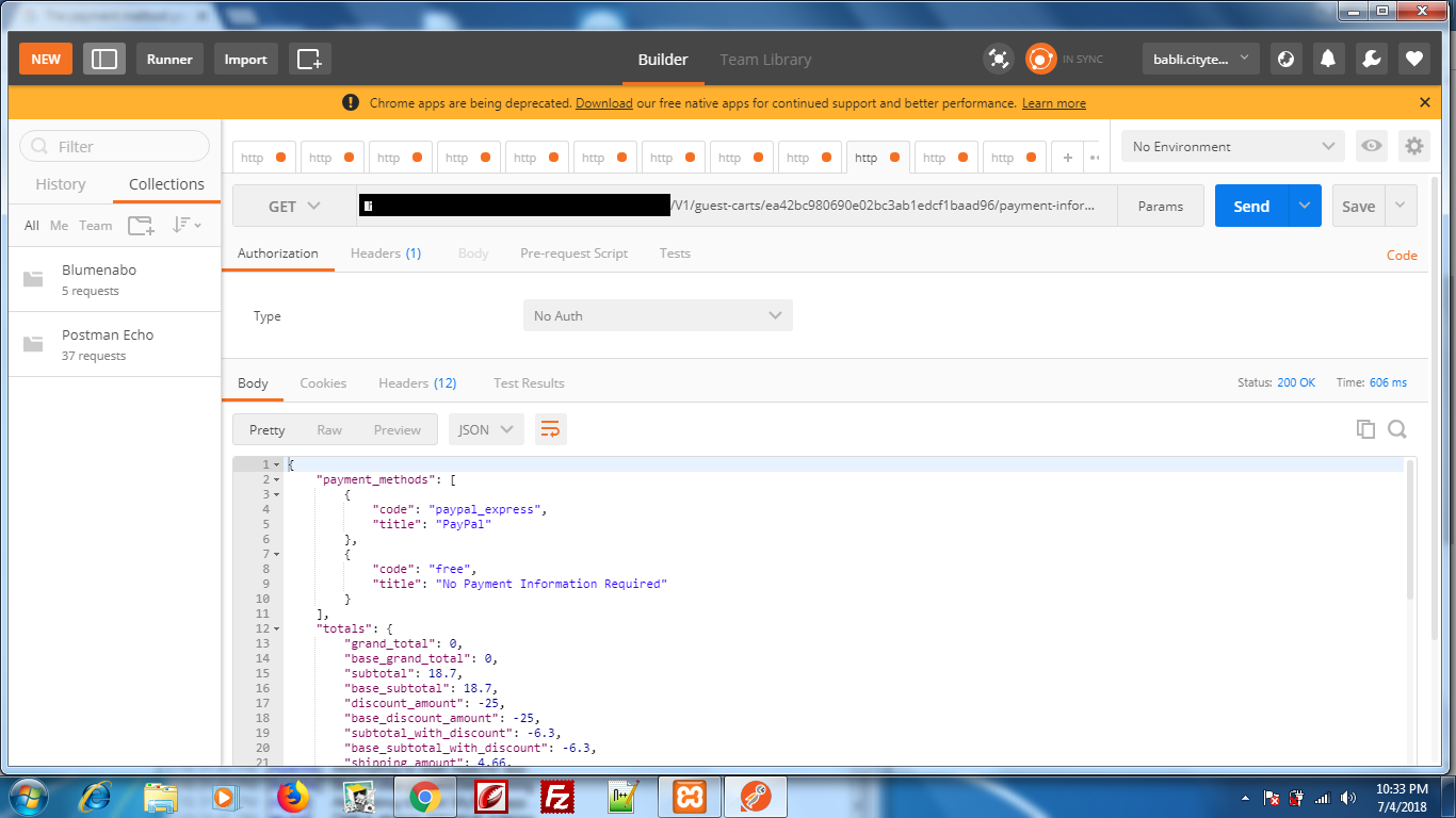 POST /V1/guest-carts/:cartId/payment-information showing "The payment method you requested is ...
