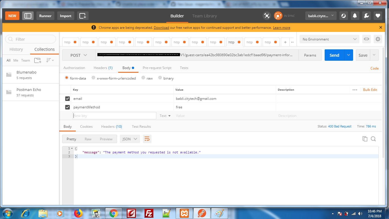 POST /V1/guest-carts/:cartId/payment-information showing "The payment method you requested is ...