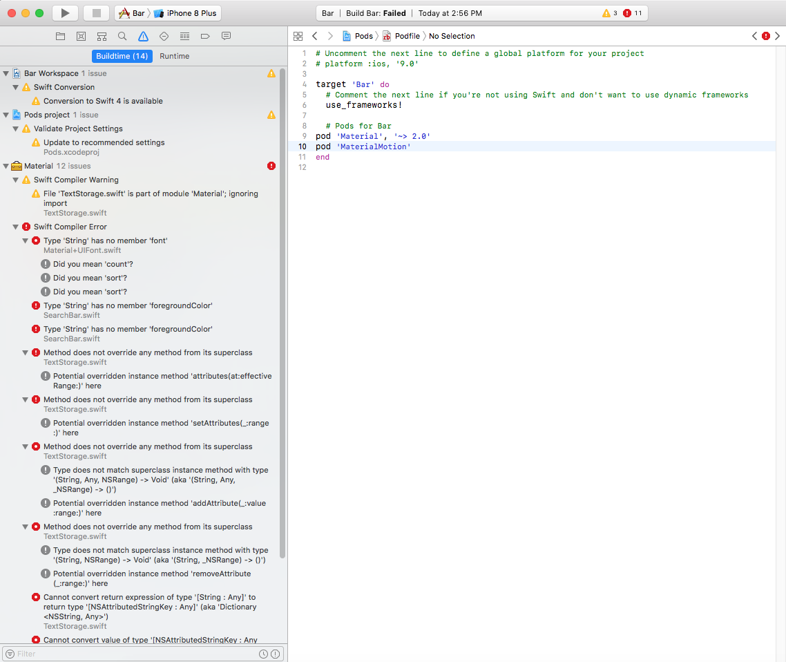 Builed Failed in swift 4, Xcode 9.2 IOS 11.2 · Issue #998 · CosmicMind/Material · GitHub