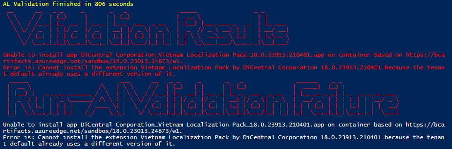 Error " tenant default already uses a different version of it" when run command Run-AlValidation ...