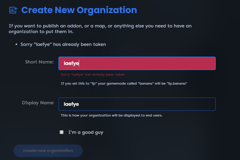Organisation deleted, but I can't create new with same short name · Issue #1455 · Facepunch/sbox ...