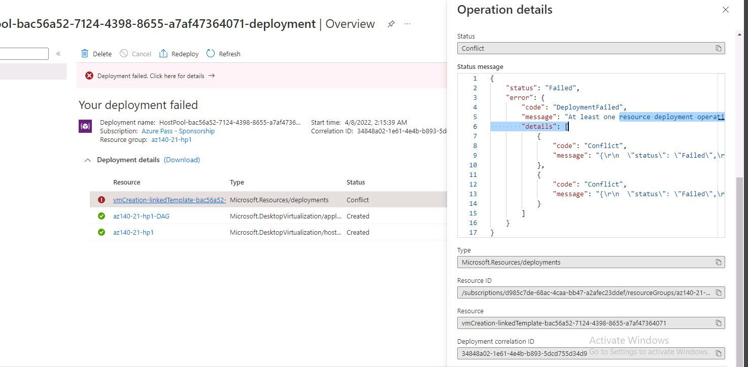Lab02 Deploy host pools and session hosts by using the Azure portal (AD DS) Deployment failed ...