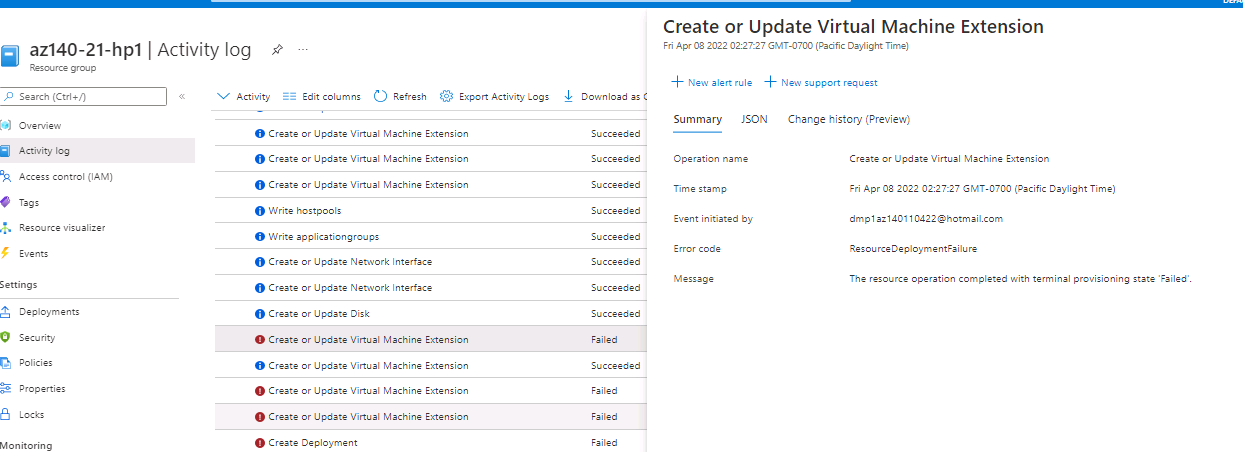 Lab02 Deploy host pools and session hosts by using the Azure portal (AD DS) Deployment failed ...