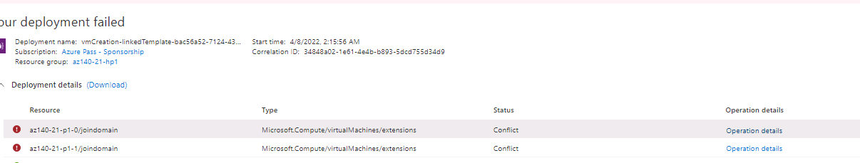 Lab02 Deploy host pools and session hosts by using the Azure portal (AD DS) Deployment failed ...