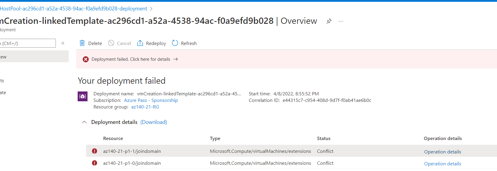 Lab02 Deploy host pools and session hosts by using the Azure portal (AD DS) Deployment failed ...