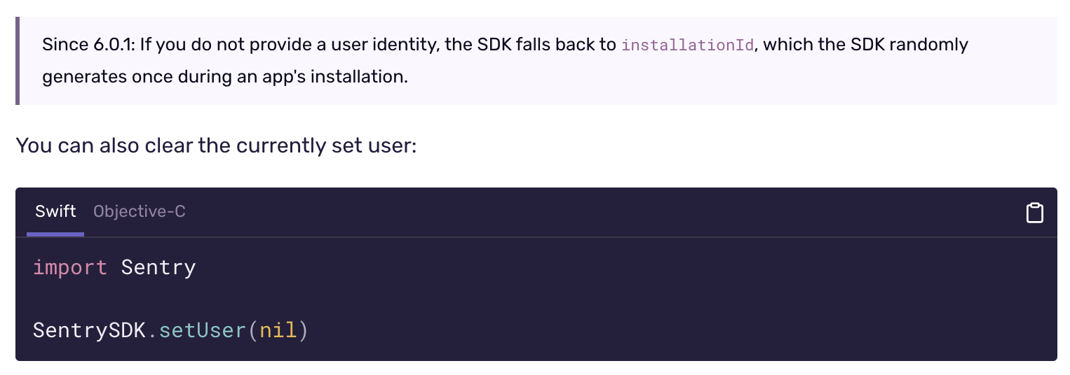 Clarify Behaviour When Setting User to nil · Issue #4503 · getsentry/sentry-docs · GitHub