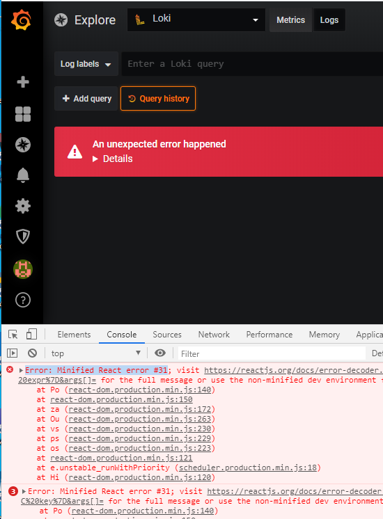 Clicking 'Query History' button throws minified React error. · Issue #26184 · grafana/grafana ...