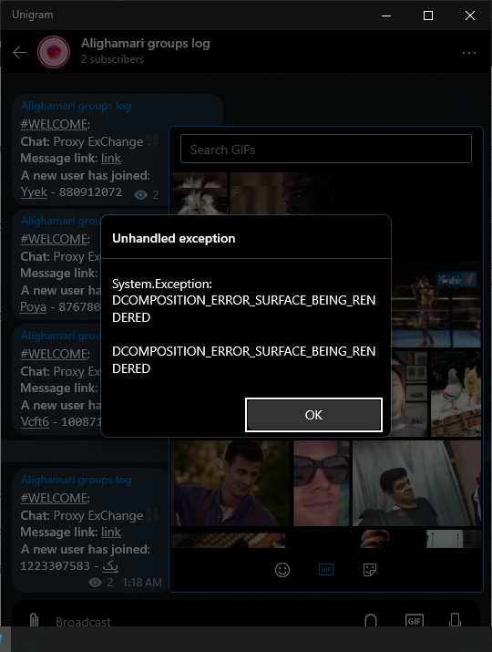 unhandled exception (i think) from gifs panel · Issue #1649 · UnigramDev/Unigram · GitHub