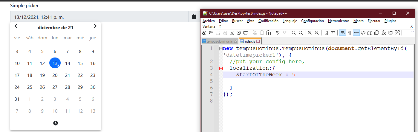 The new option startOfTheWeek is not changing the days of the week ...