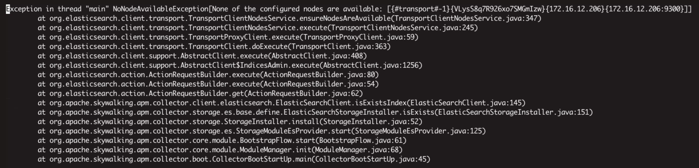 Connection es failed NoNodeAvailableException · Issue #2038 · apache/skywalking · GitHub