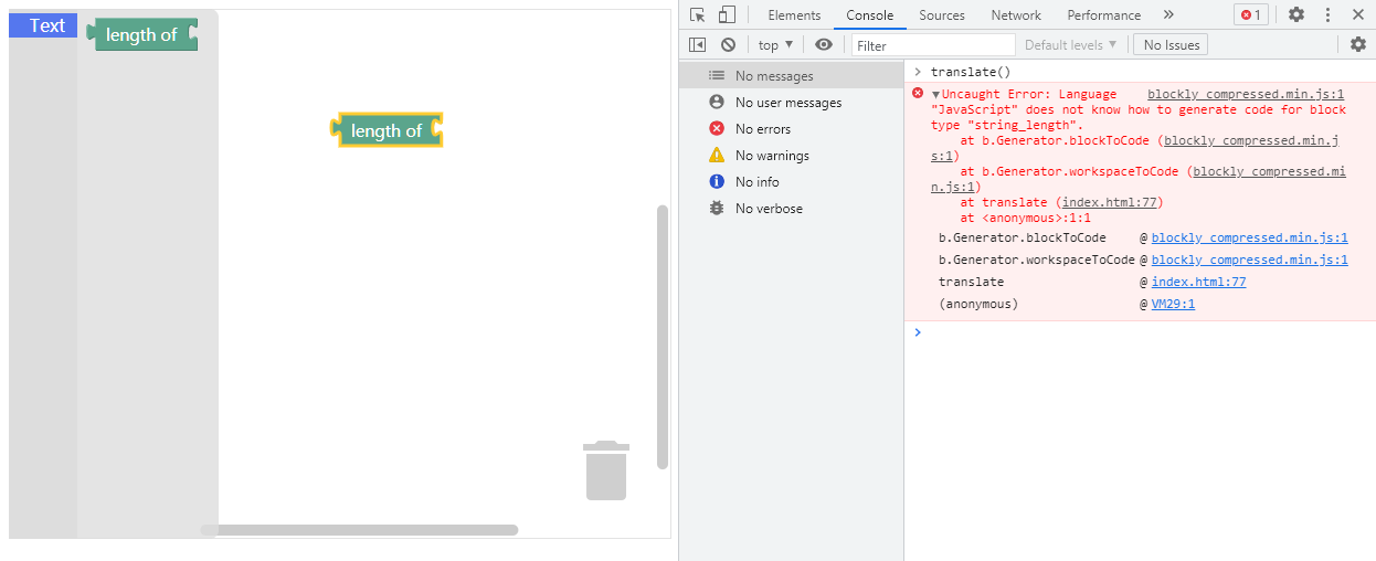 Uncaught Error: Language "JavaScript" does not know how to generate code for block type "string ...