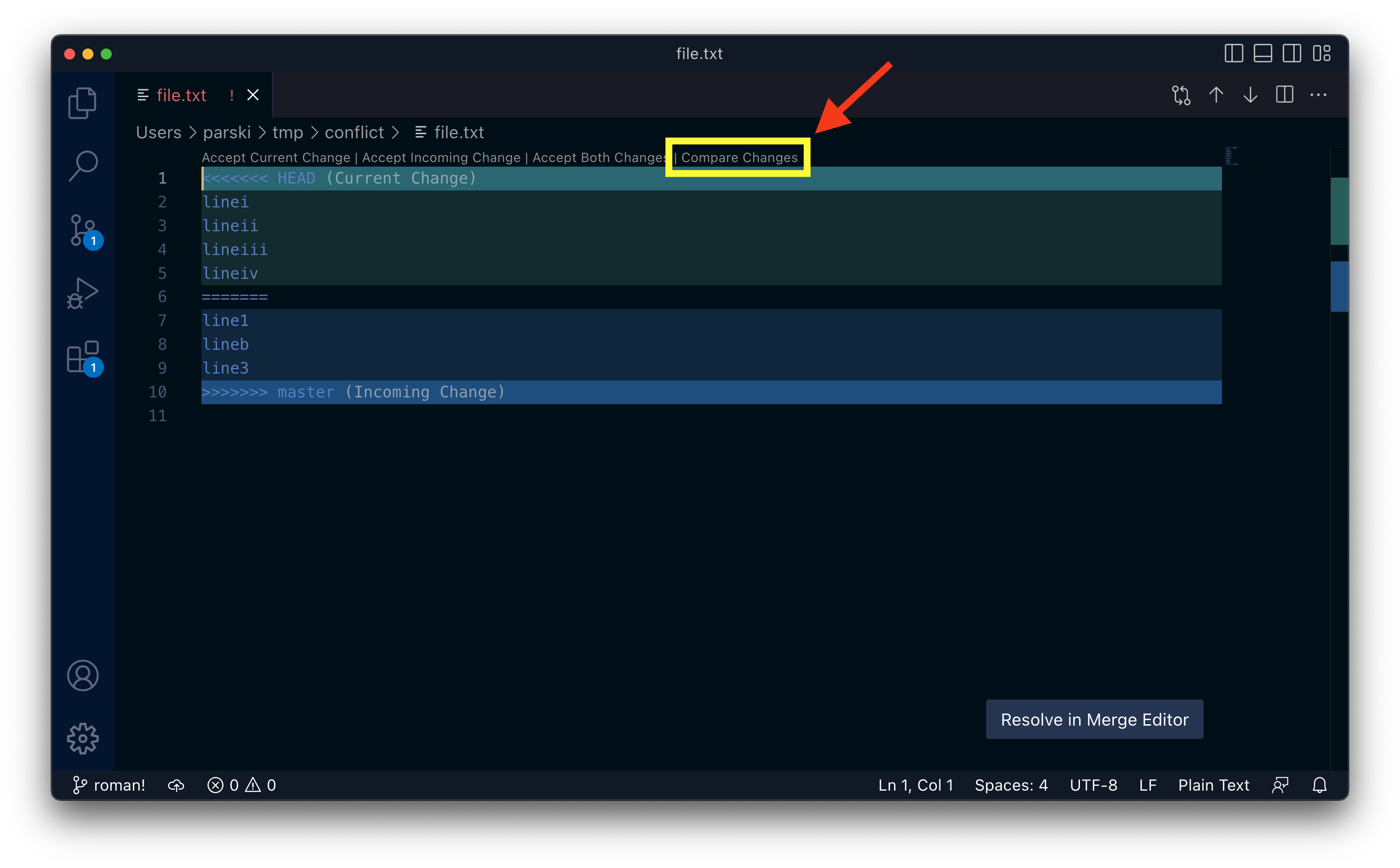 Conflict and change traversal buttons have the same icons in the compare changes view. · Issue ...