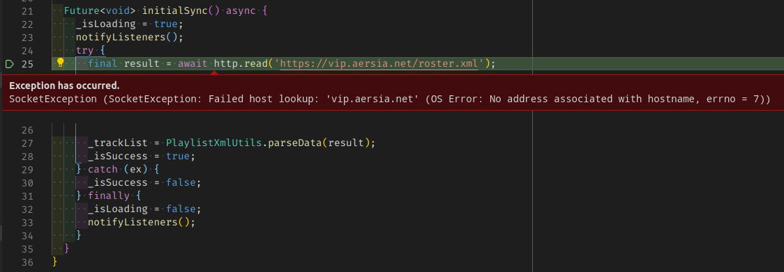 Dartcode Thinks The Socketexception Is Uncaught Even Though The Try Catch Works As Expected
