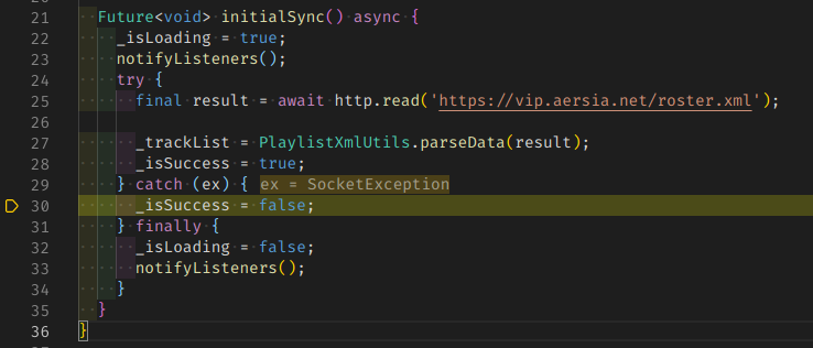 DartCode thinks the SocketException is uncaught even though the try-catch works as expected ...