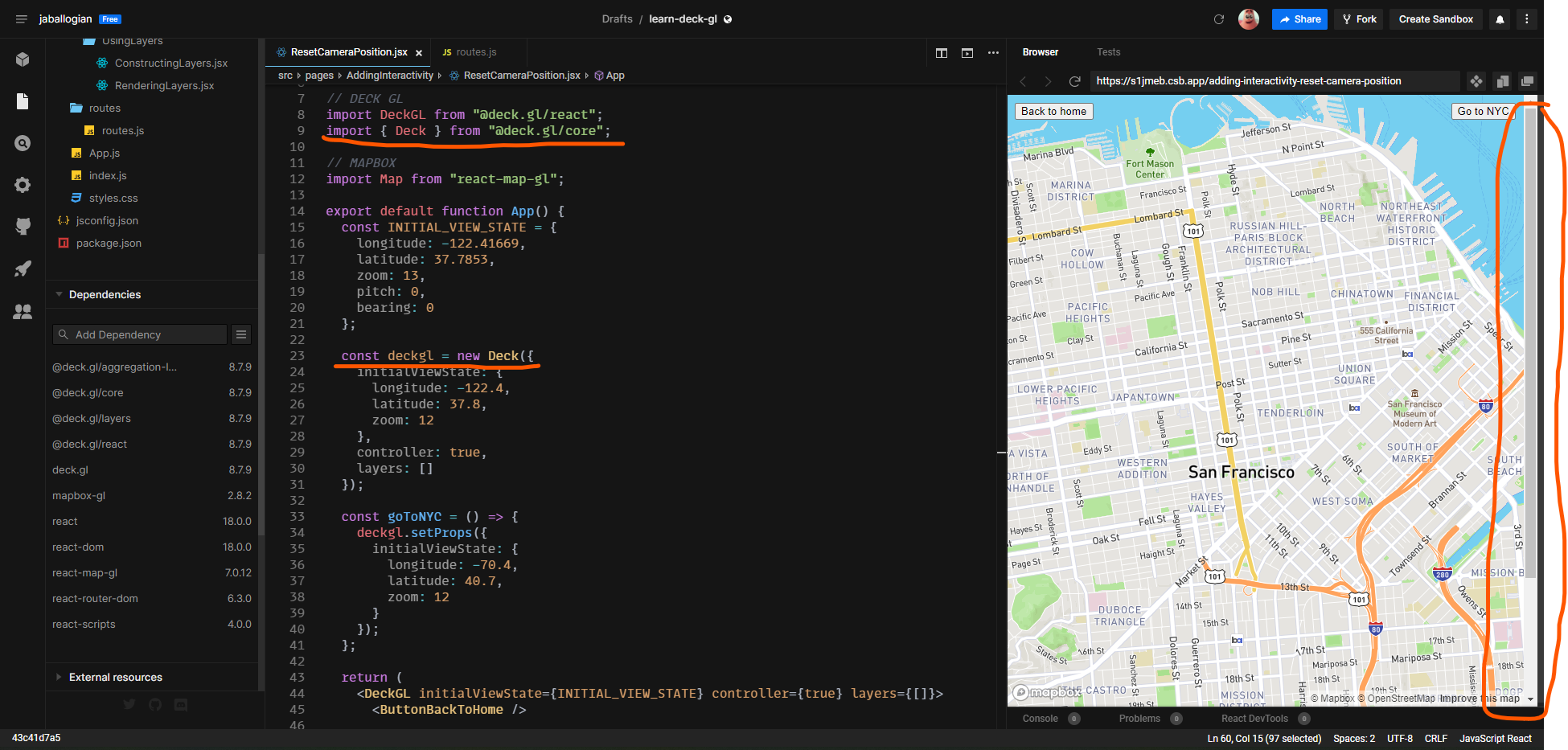 Declaring object from the `Deck` component from the `@deck.gl/core` dependency change the app ...