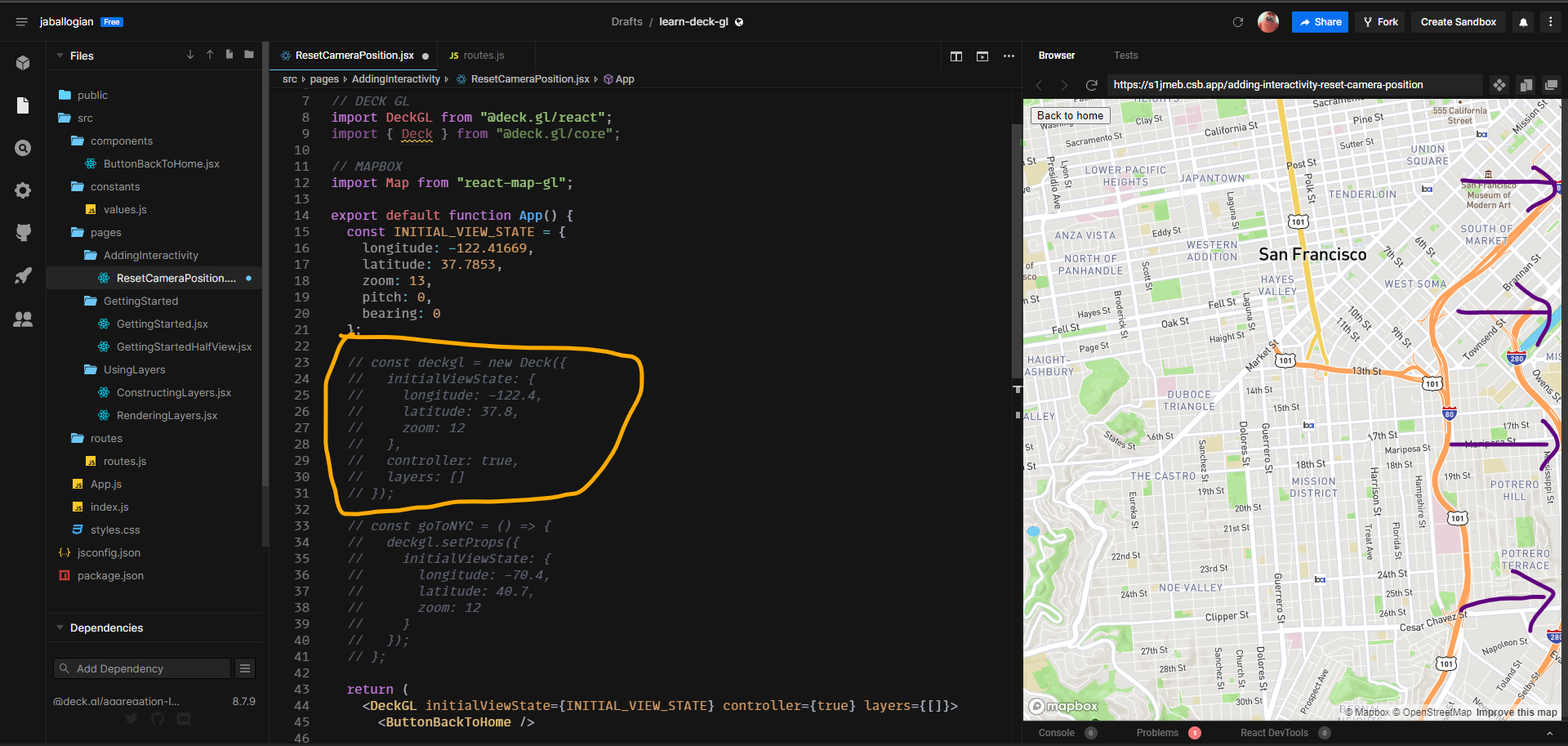 Declaring object from the `Deck` component from the `@deck.gl/core` dependency change the app ...