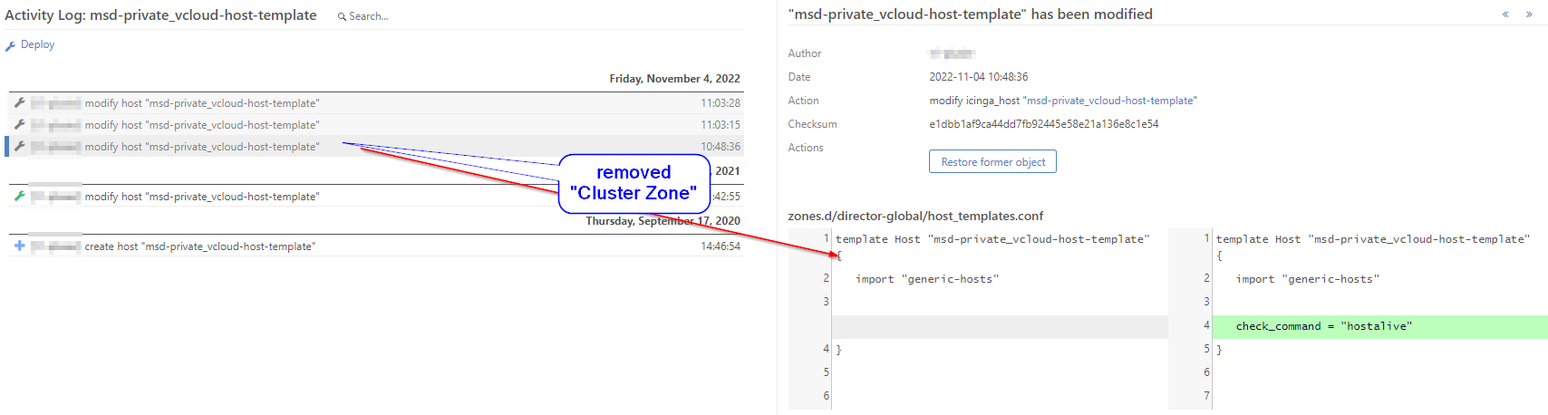 Changeing "Cluster Zone" on host template is not reflected correctly in History/Activity log ...