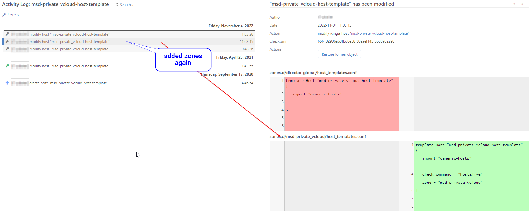Changeing "Cluster Zone" on host template is not reflected correctly in History/Activity log ...