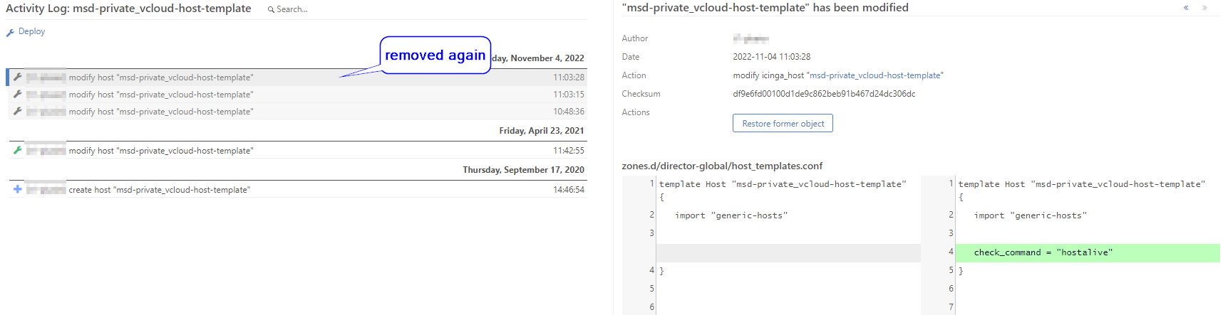 Changeing "Cluster Zone" on host template is not reflected correctly in History/Activity log ...