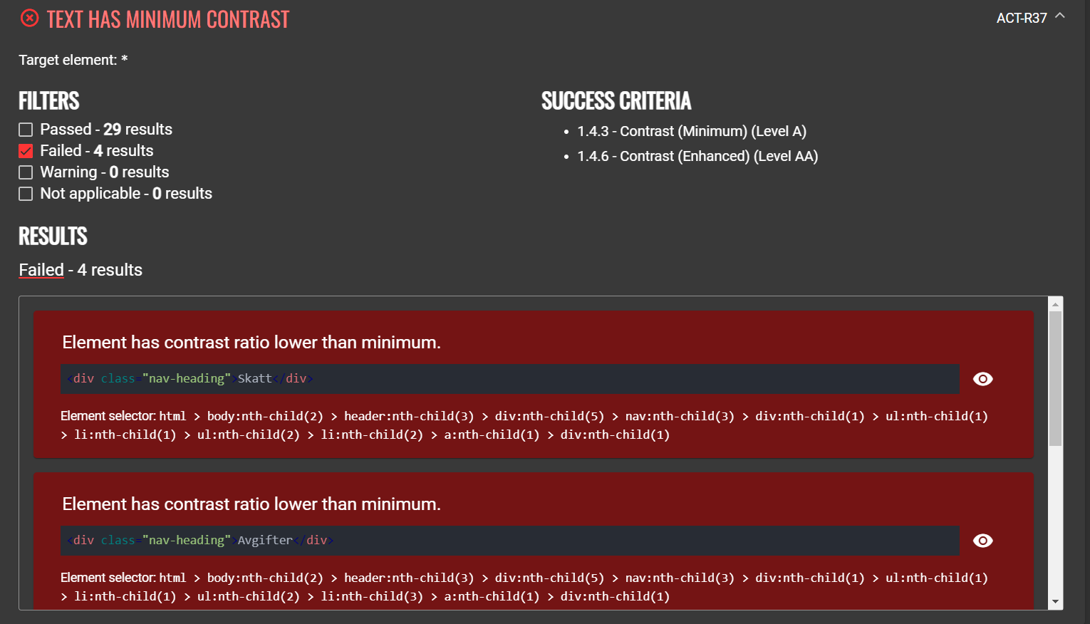 ACT-R37 - Black text on white background are flagged as Element has ...