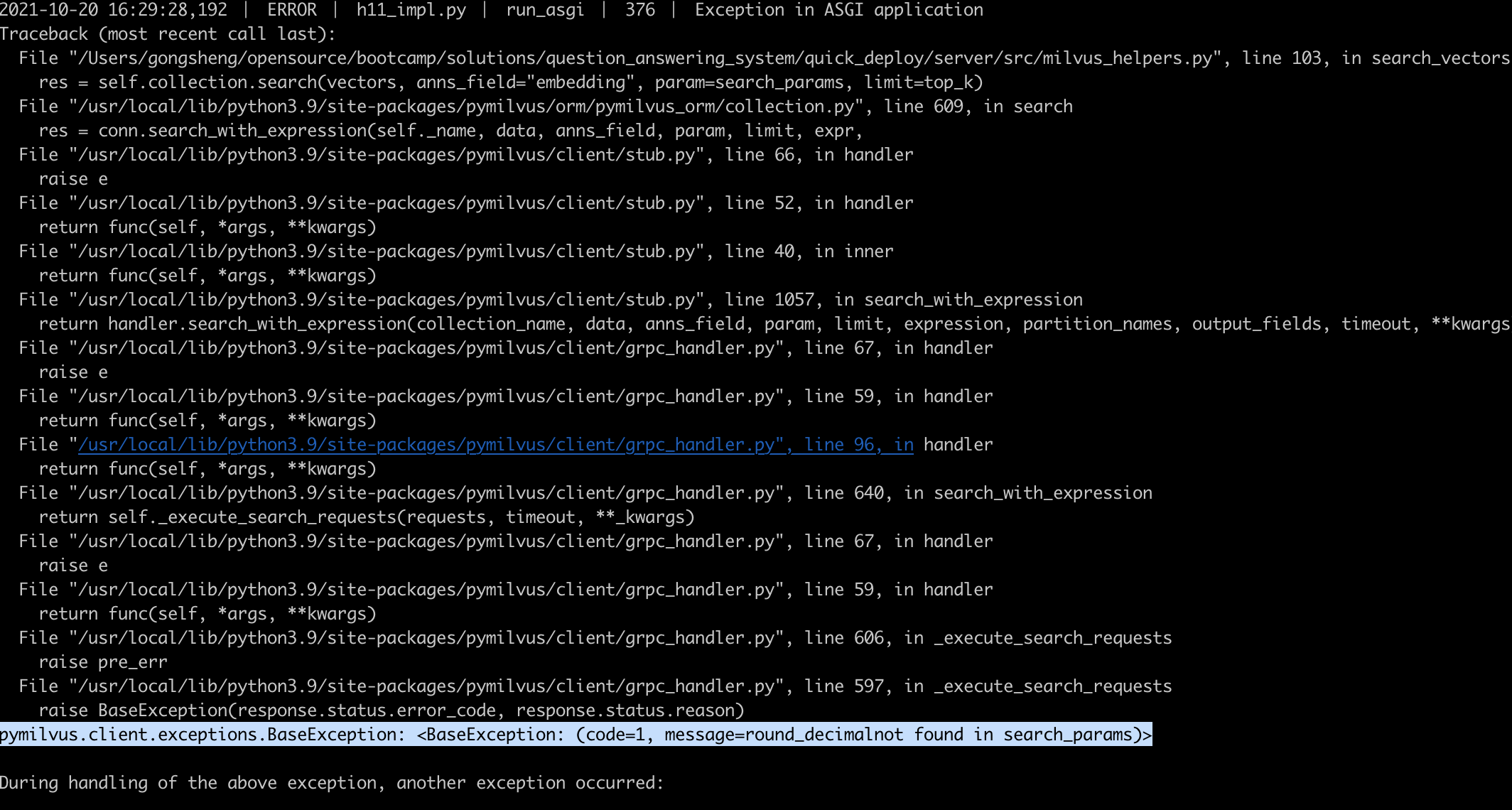 启动 bootcamp 后，搜索报错round_decimalnot found in search_params · Issue #806 · milvus-io/bootcamp · GitHub