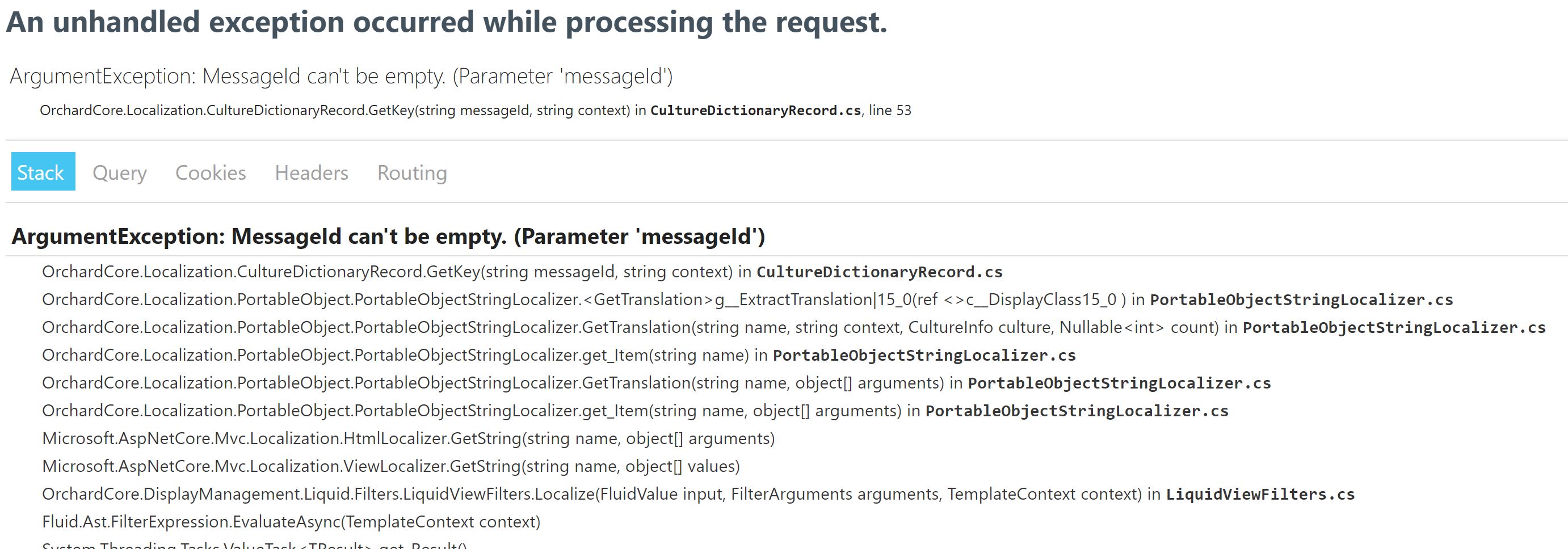 Exception: MessageId can't be empty. · Issue #6409 · OrchardCMS/OrchardCore · GitHub